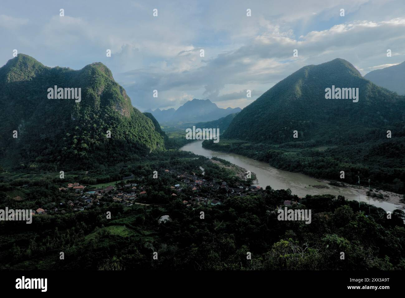 View of the Nam Ou River and limestone peaks, Muang Ngoi Neua, Muang ...