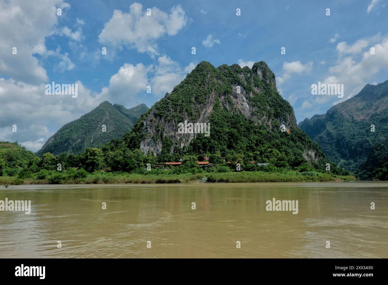 View of the Nam Ou River and limestone peaks, Muang Ngoi Neua, Muang ...