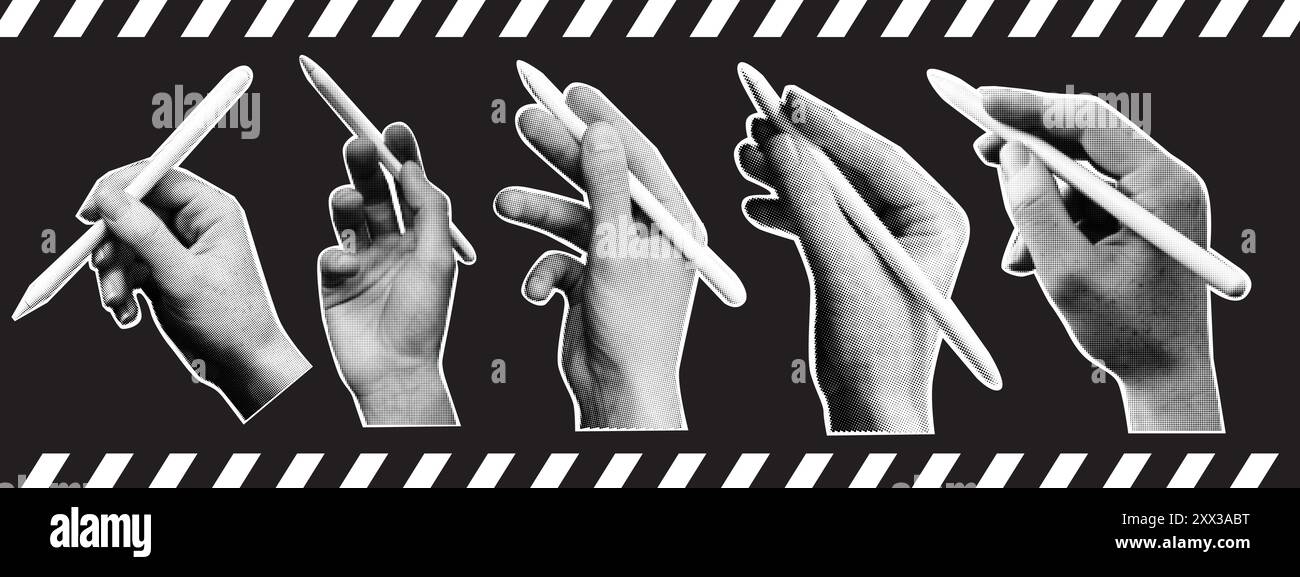 Vector collage set of halftone hands holding pencil. Retro elements in ...