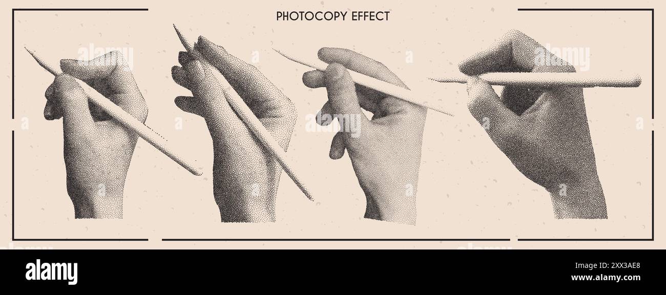 Vector collage set of photocopy hands holding pencil. Retro dots ...