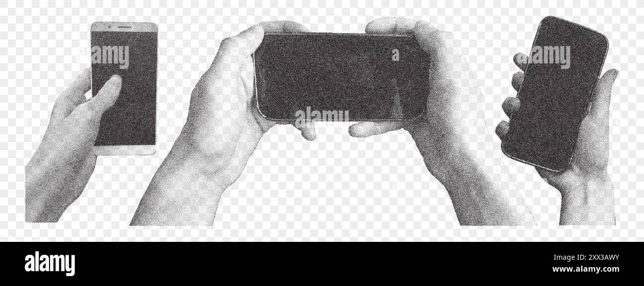 Set of retro photocopy hands with a phone on transparent background ...