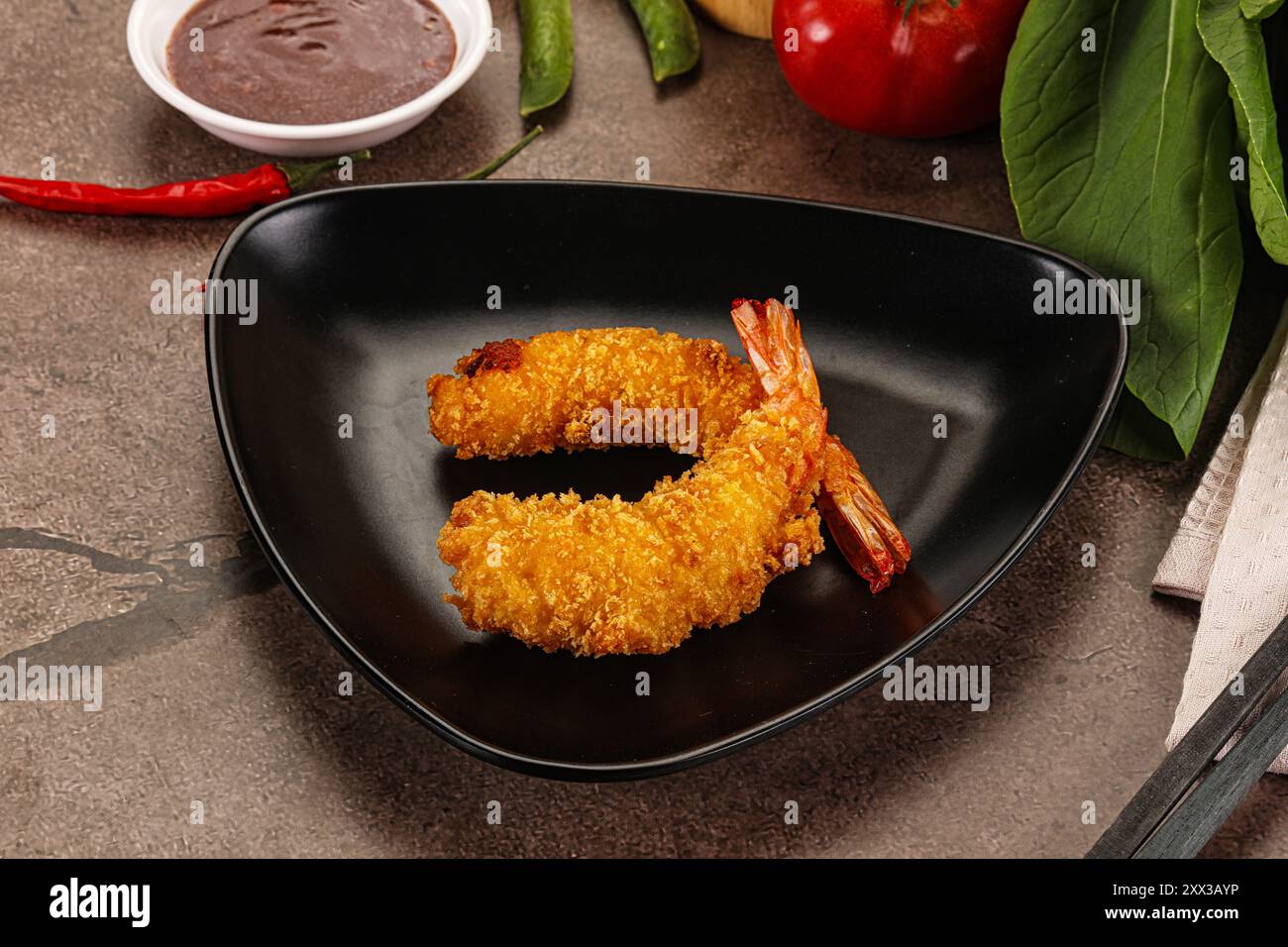 Crispy breaded golden fried prawns with sauce Stock Photo - Alamy
