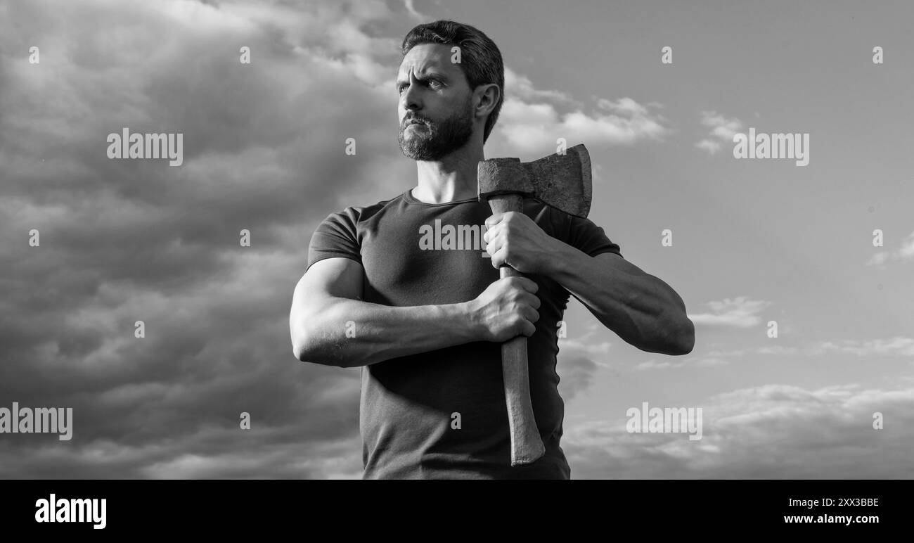 strong man with axe. woodcutter man hold ax. brutal man on sky ...