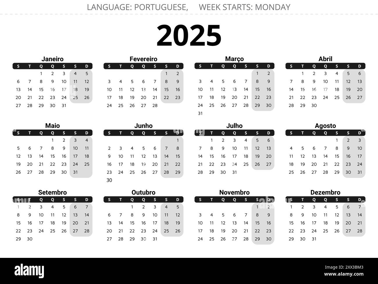 PORTUGUESE calendar for 2025 year. Printable vector illustration in ...