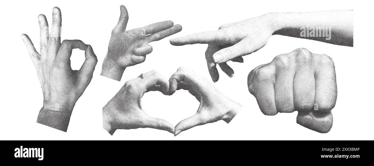 Set of retro photocopy human hands. Halftone stipple effect. Trendy ...