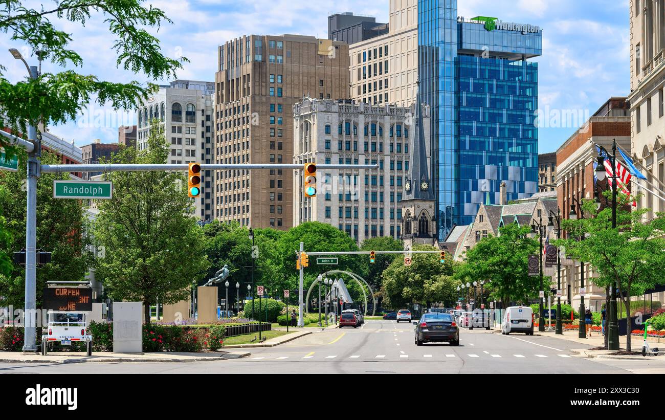 Detroit, USA - August 12, 2024: Downtown cityscape with famous ...