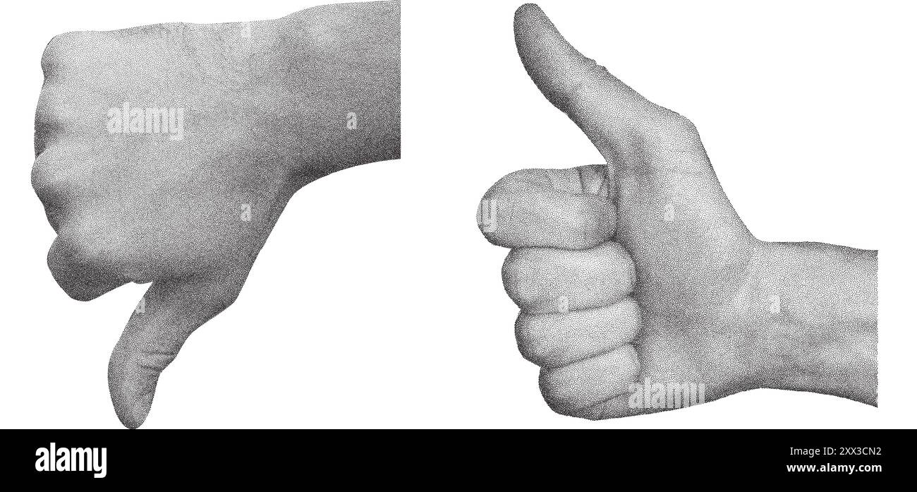 Trendy collage hands gestures set. Thumbs up and down. Stipple ...