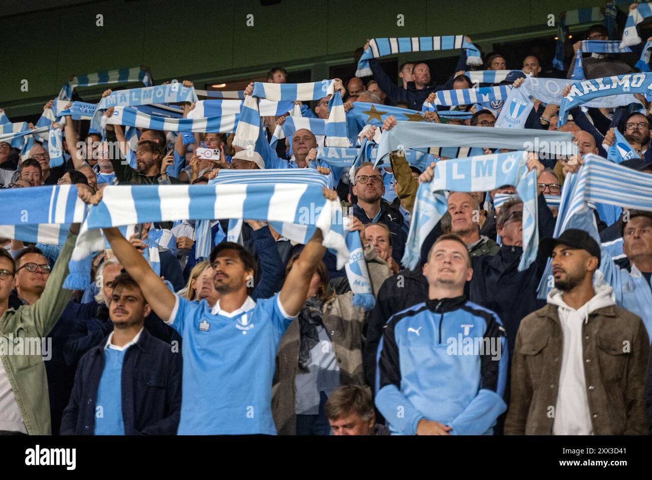 Malmoe, Sweden. 21st, August 2024. Football fans of Malmo FF seen on ...