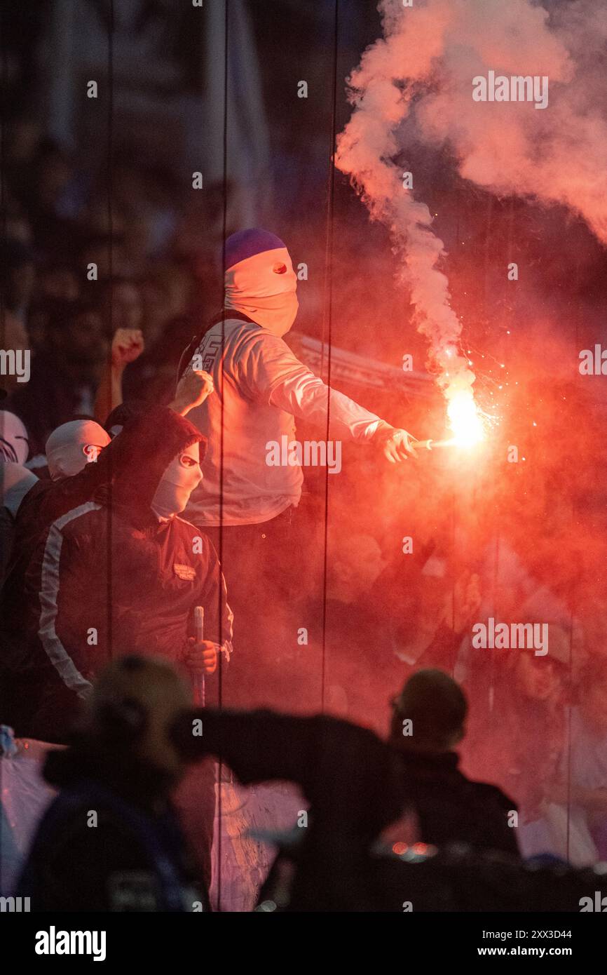 Malmoe, Sweden. 21st, August 2024. Football fans of Malmo FF seen on ...