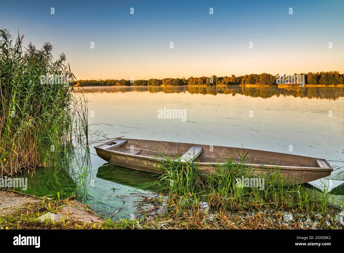 Boat tied up at Staw Nowy, at sunrise, seen from dike between ponds ...