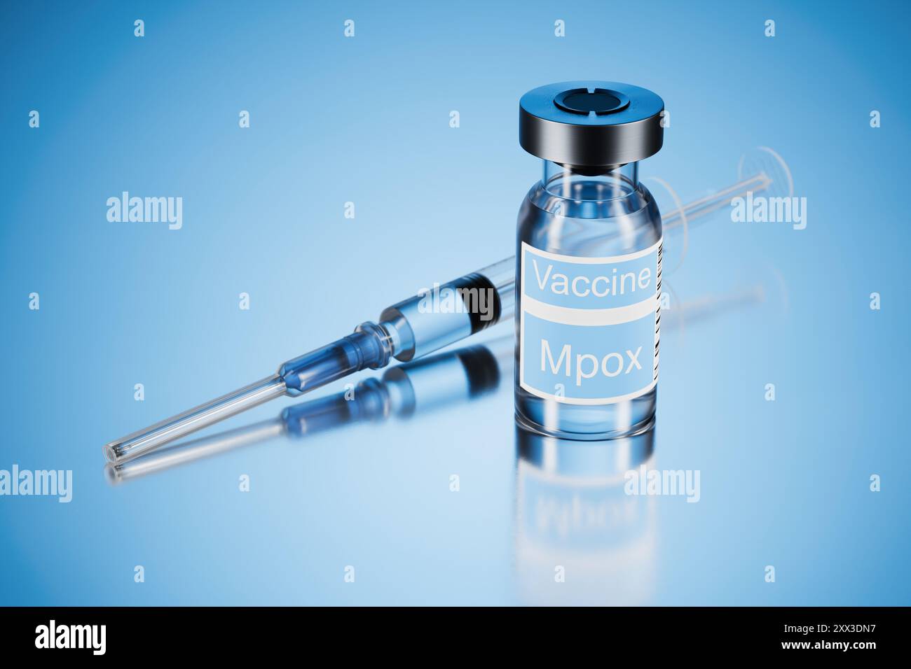Three vials labeled Monkeypox vaccine and a syringe on a blue ...