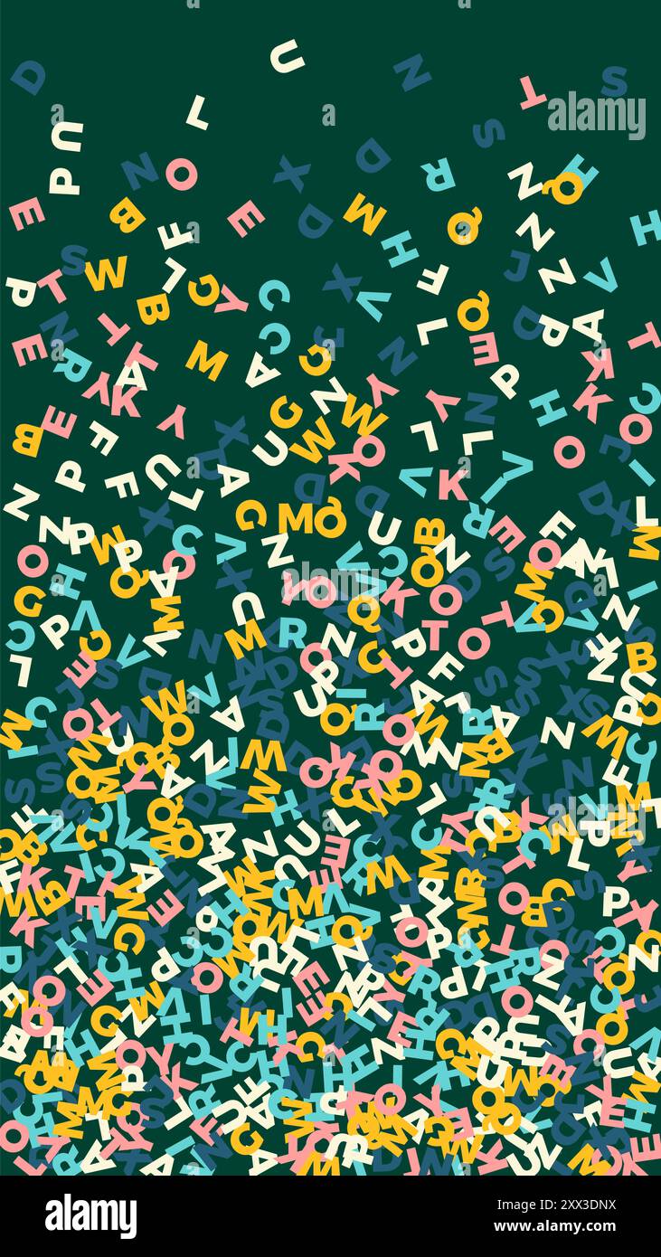 School notebook cover. Colorful childish floating letters of Latin ...