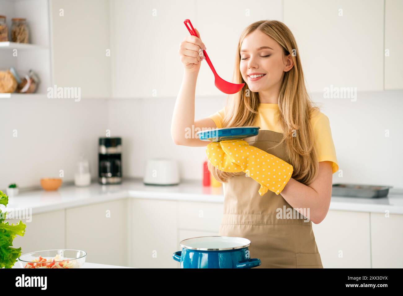 Photo of cute dreamy girl cooking soup tasty food meal dinner house ...
