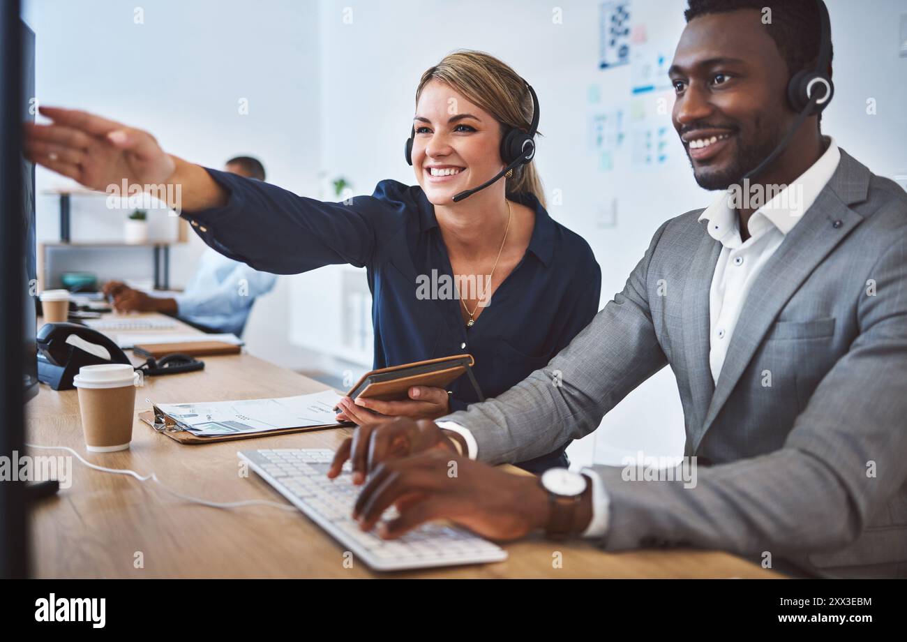 Business people, telemarketing and coaching with computer, call center ...