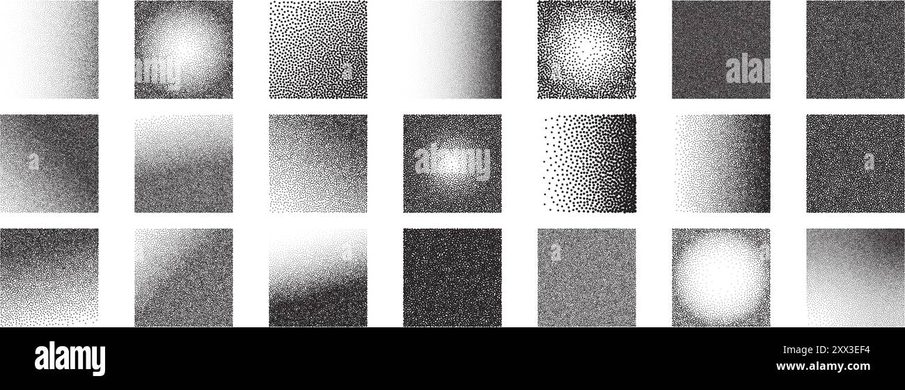 Set of retro abstract dotted shapes. Square with photocopy effect. Vector noise grainy texture ...