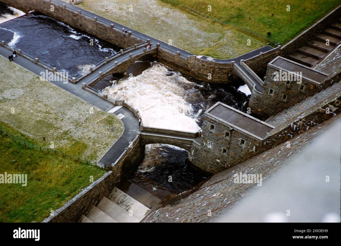 Water draining from sluice gates Claerwen dam reservoir outlet, Elan ...