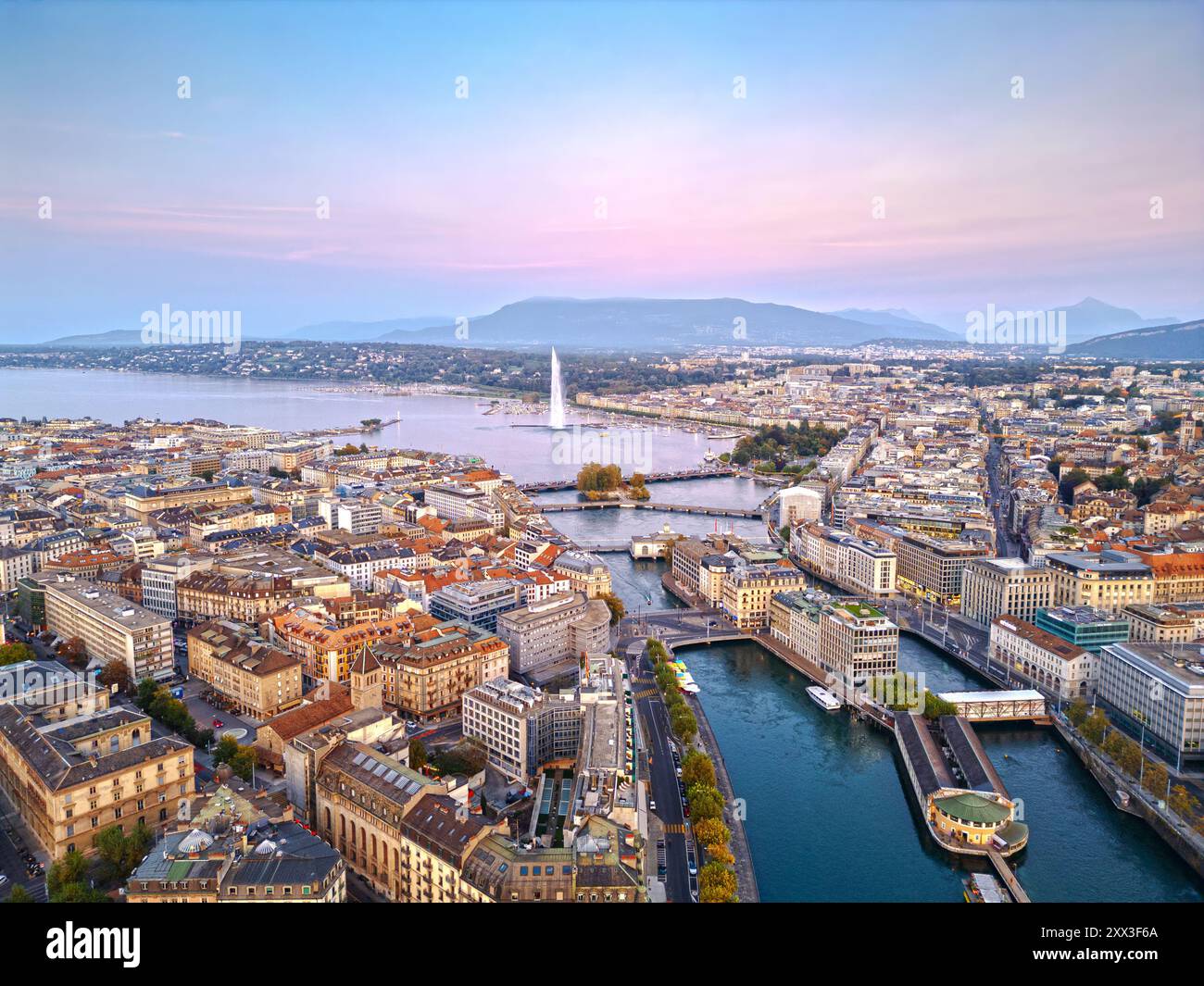 Geneva, Switzerland skyline view towards the Jet d'Eau fountain in Lake ...