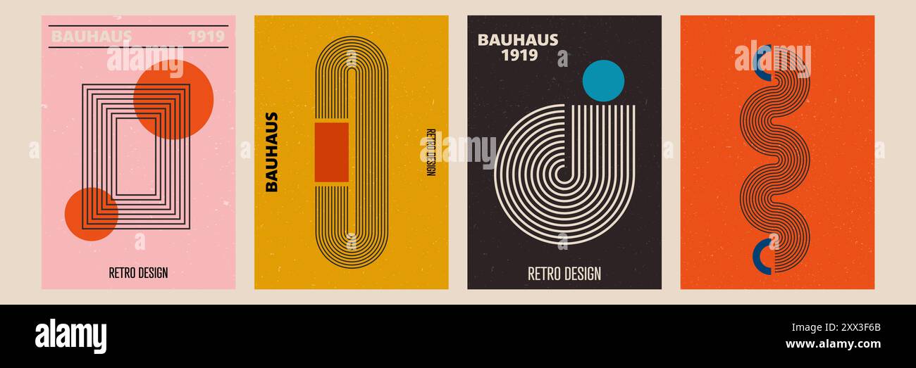 Set of abstract posters with stripe arches and geometric shapes. Vector ...