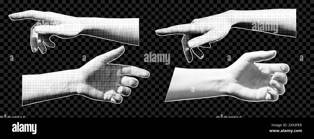 Set of halftone human hands. Y2k collage design. Pop art paper cut ...