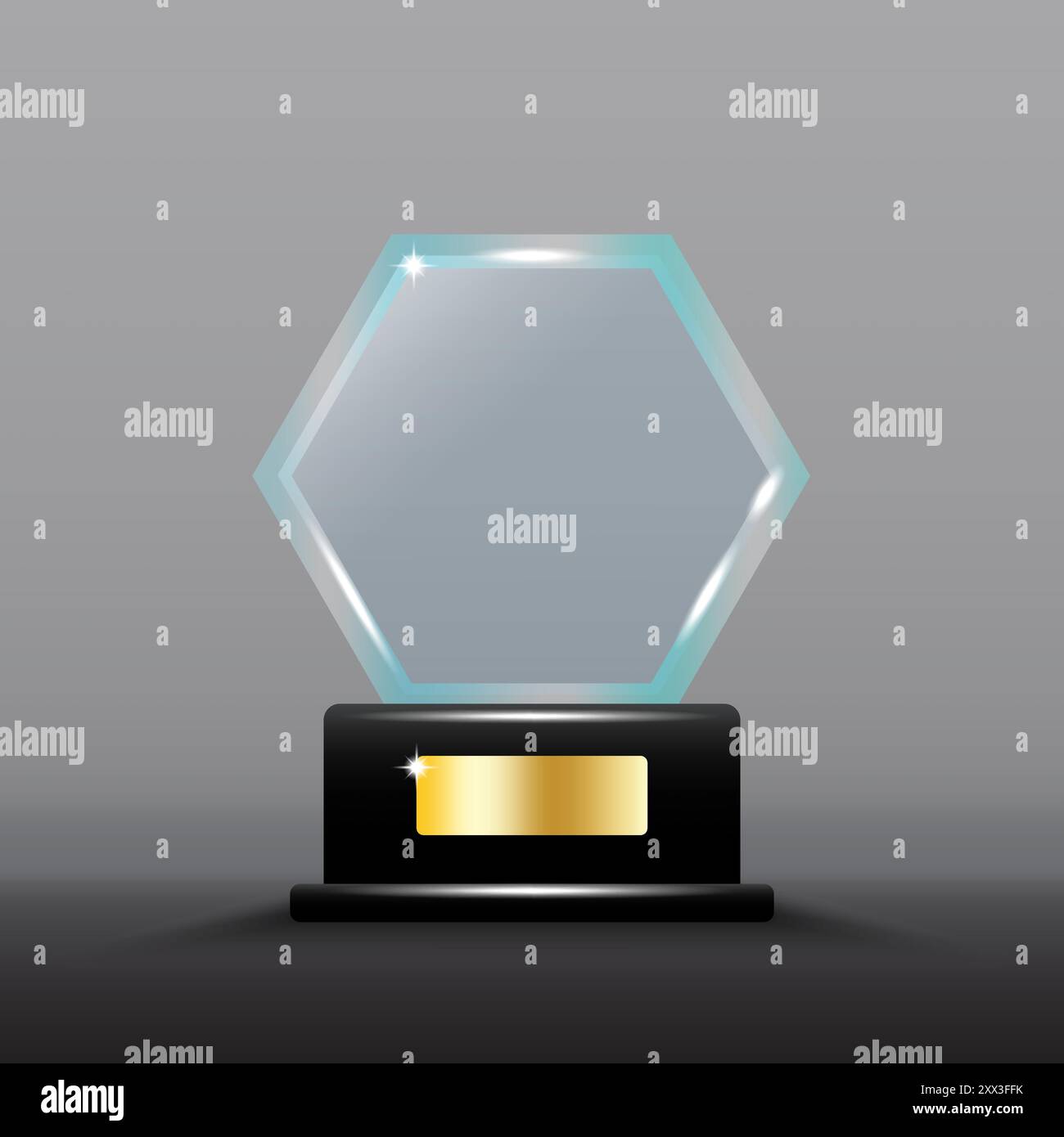 Hexagonal glass trophy. Shiny gold plaque detail. Dark grey background ...