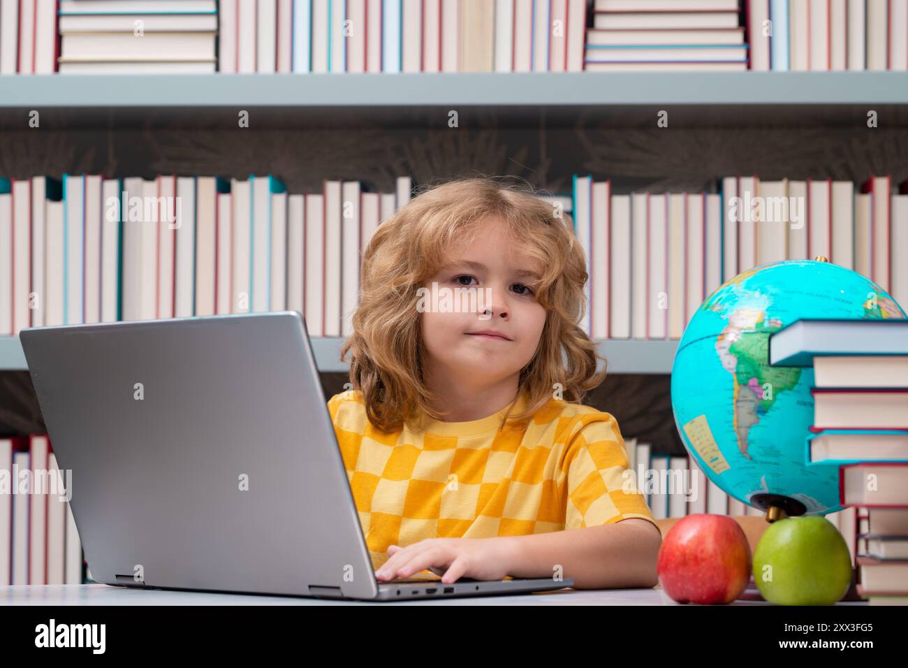 Kid boy from elementary school with book. Little student, smart nerd ...