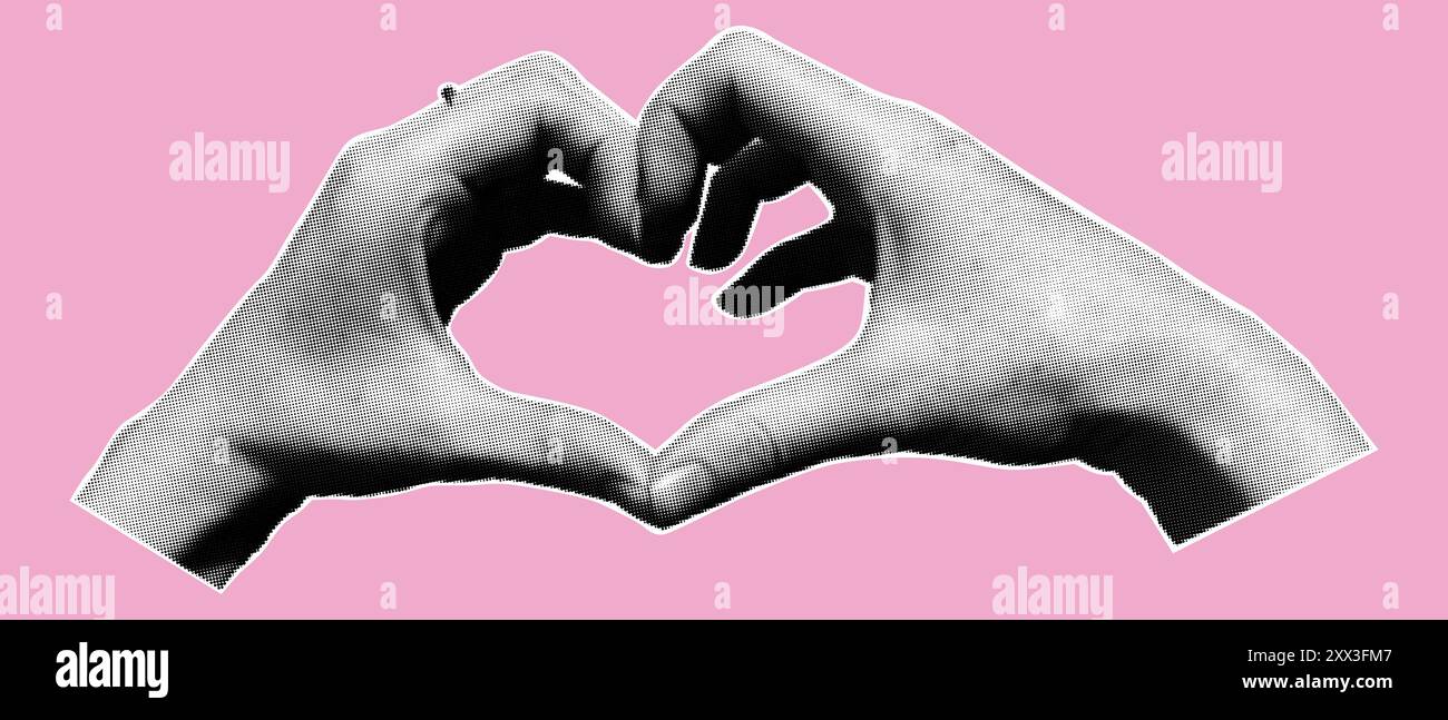Halftone hand with heart gesture. Trendy halftone style for collages ...