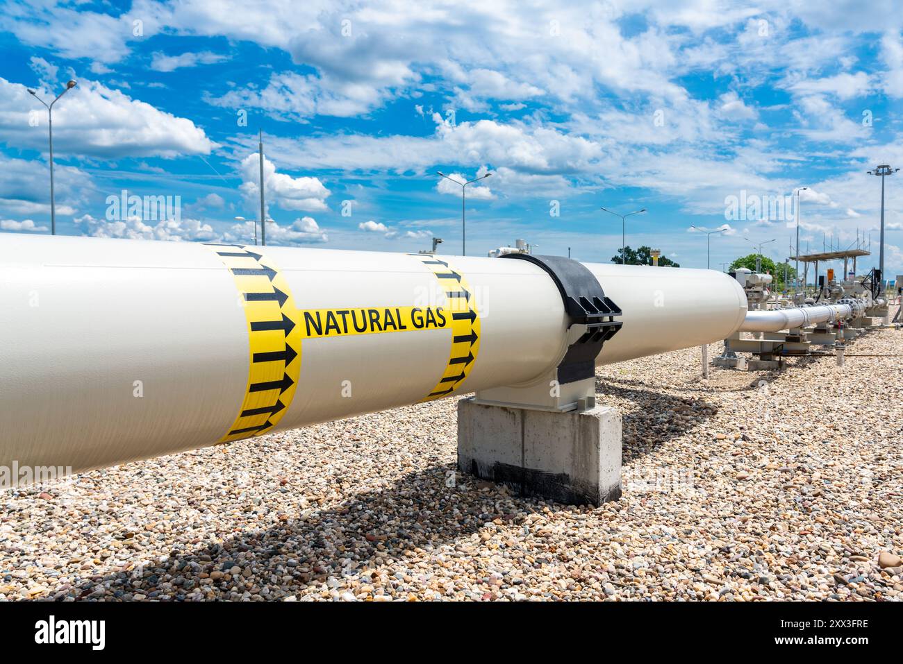 Gas pipeline at the compressor station site with the designation of the ...