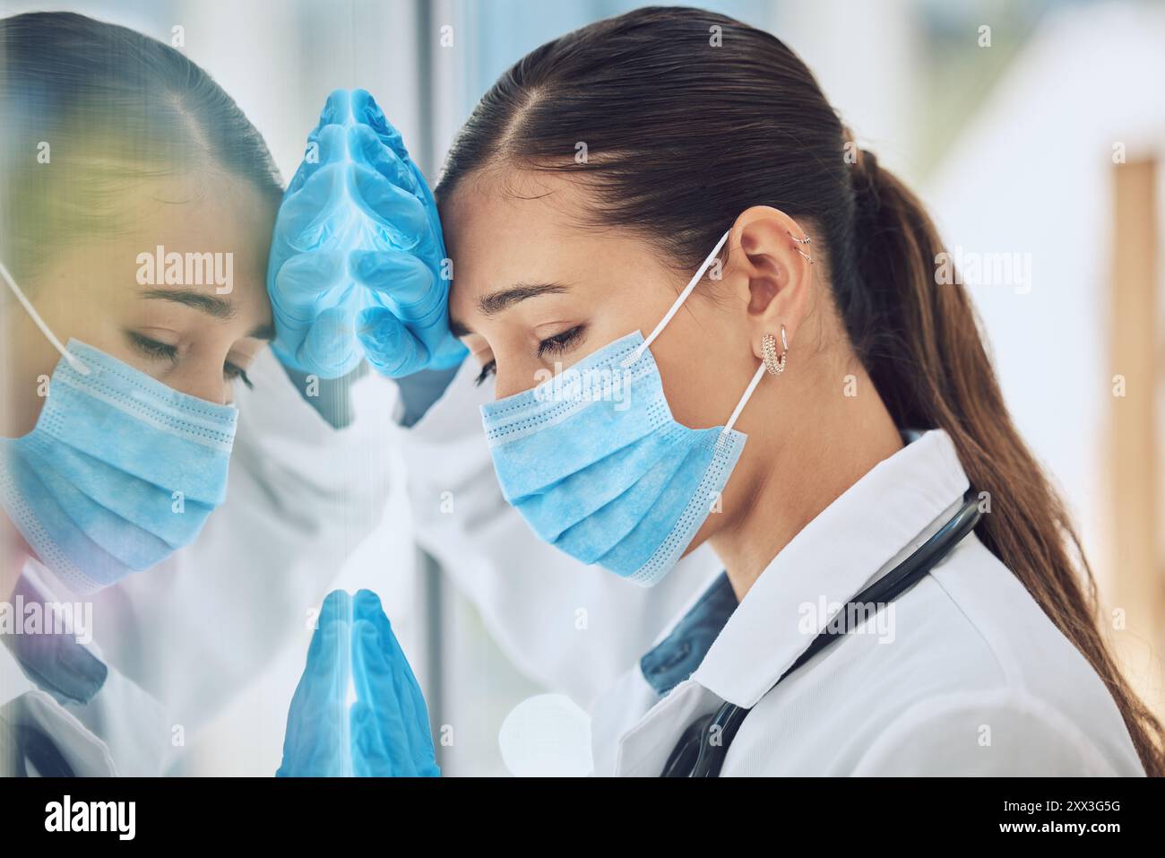 Sad woman, doctor and mask with window in anxiety, stress or mistake ...