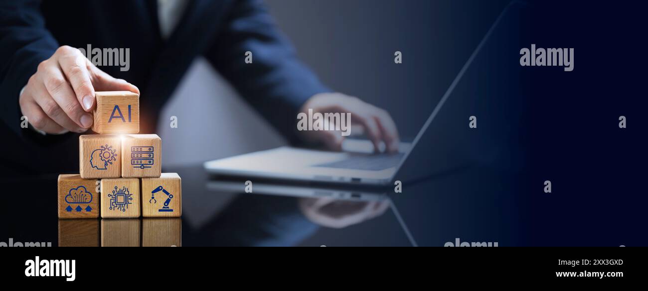 A business professional stacks wooden blocks labeled with AI symbols ...