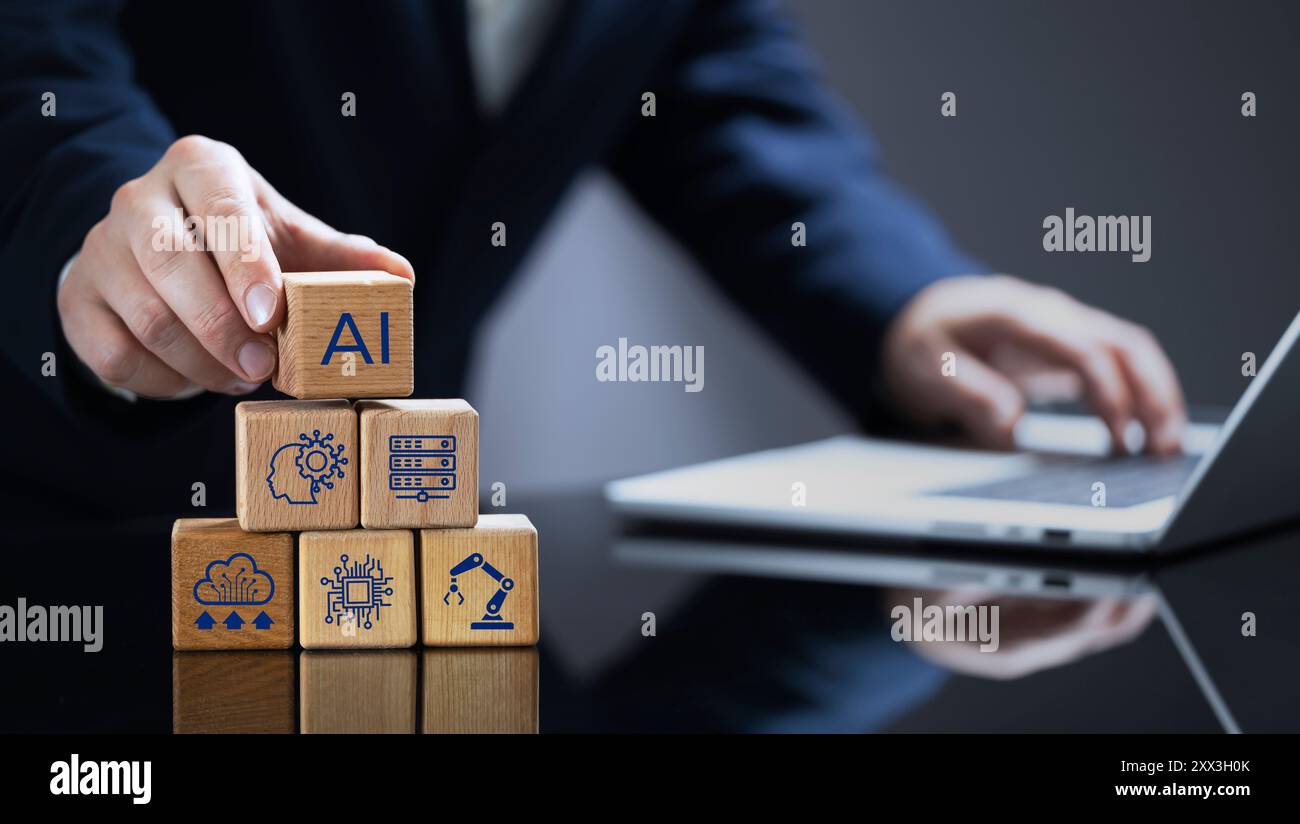 A business professional stacks wooden blocks labeled with AI symbols ...
