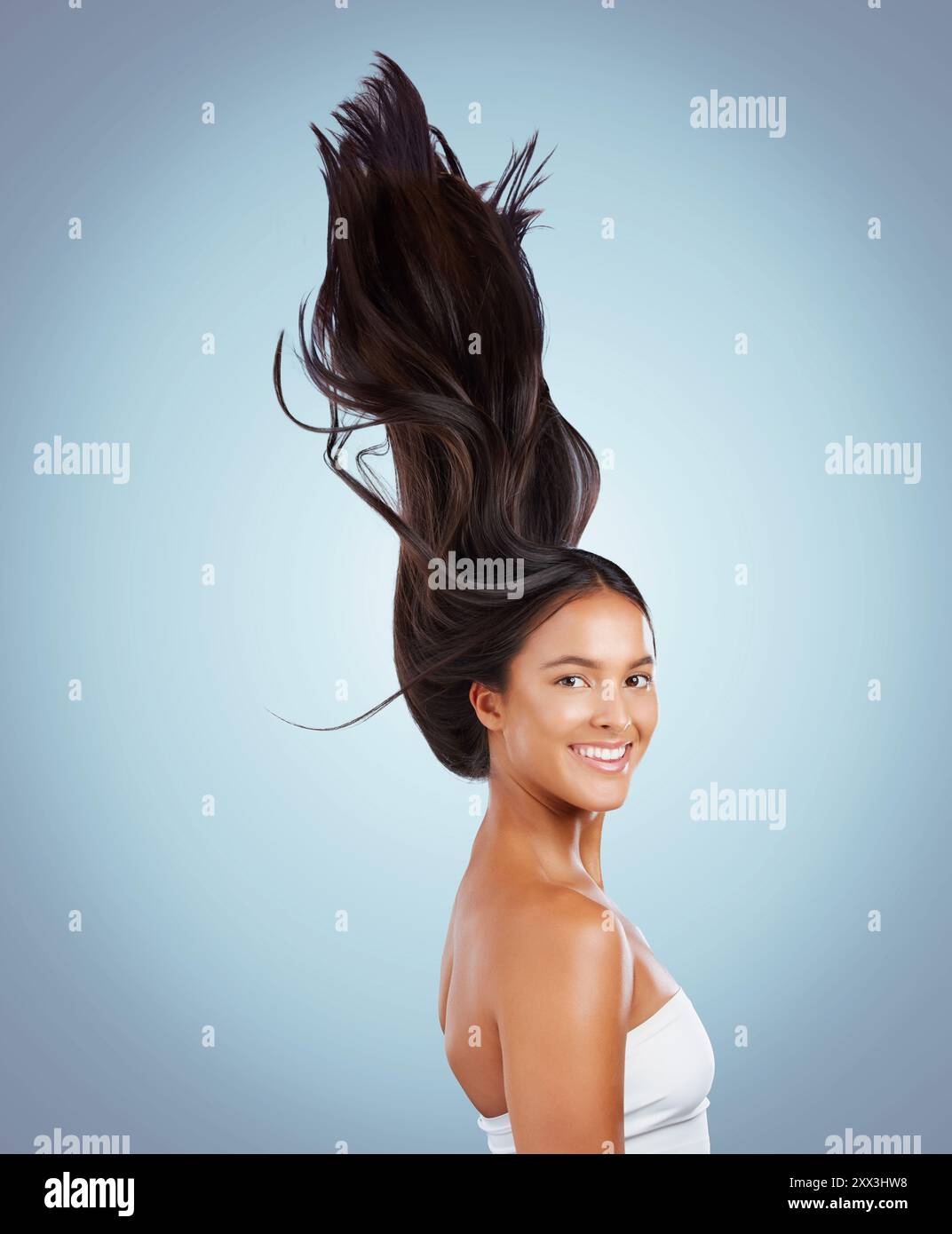 Woman, movement and haircare in studio portrait, texture treatment and ...