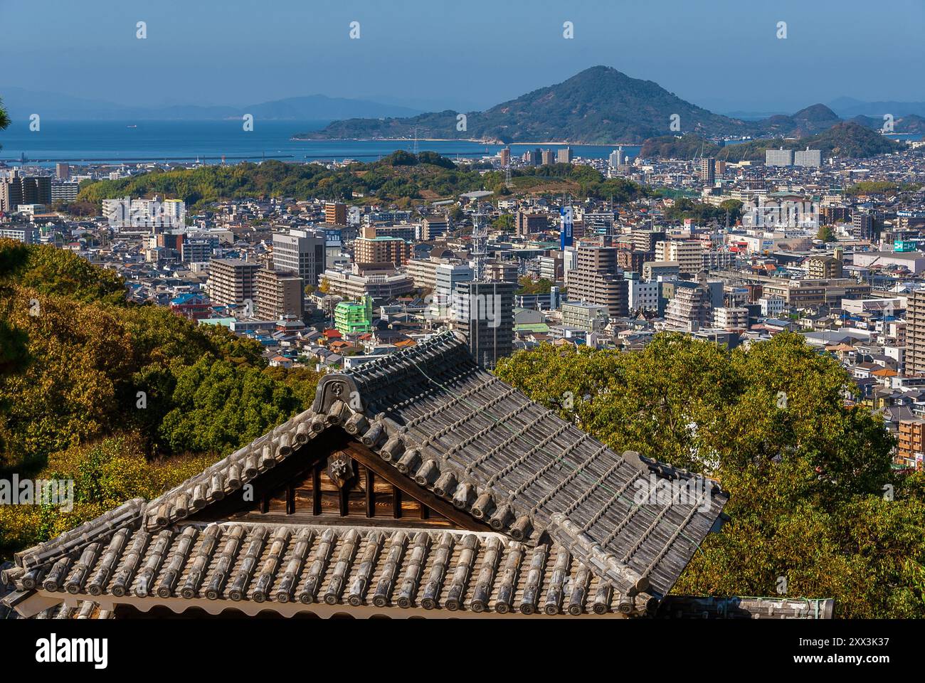 Matsuyama and Seto Inland Sea from Matsuyama Castle ancient tower Stock ...
