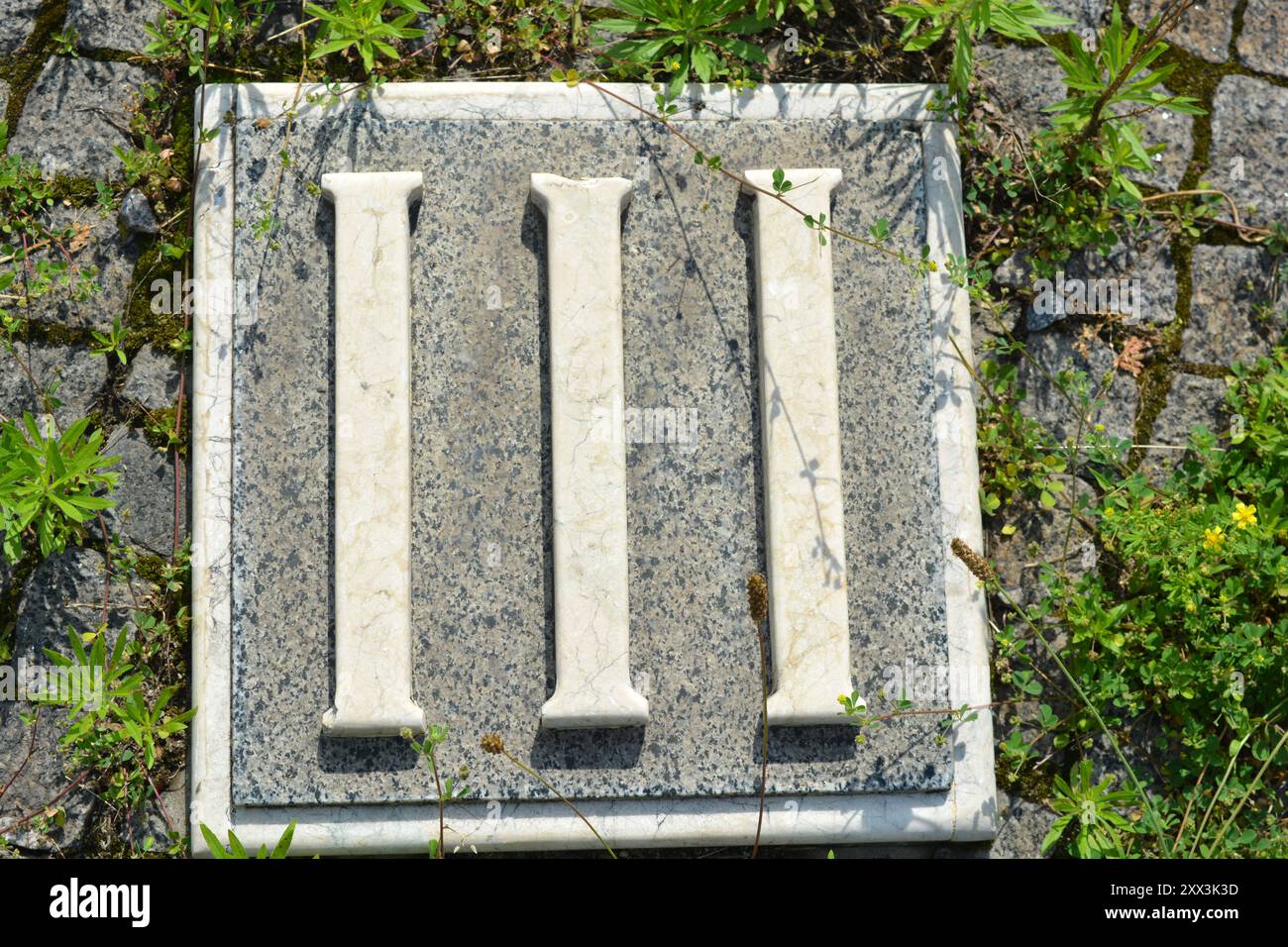 Building materials, memorials, white inscriptions in gray, brown ...