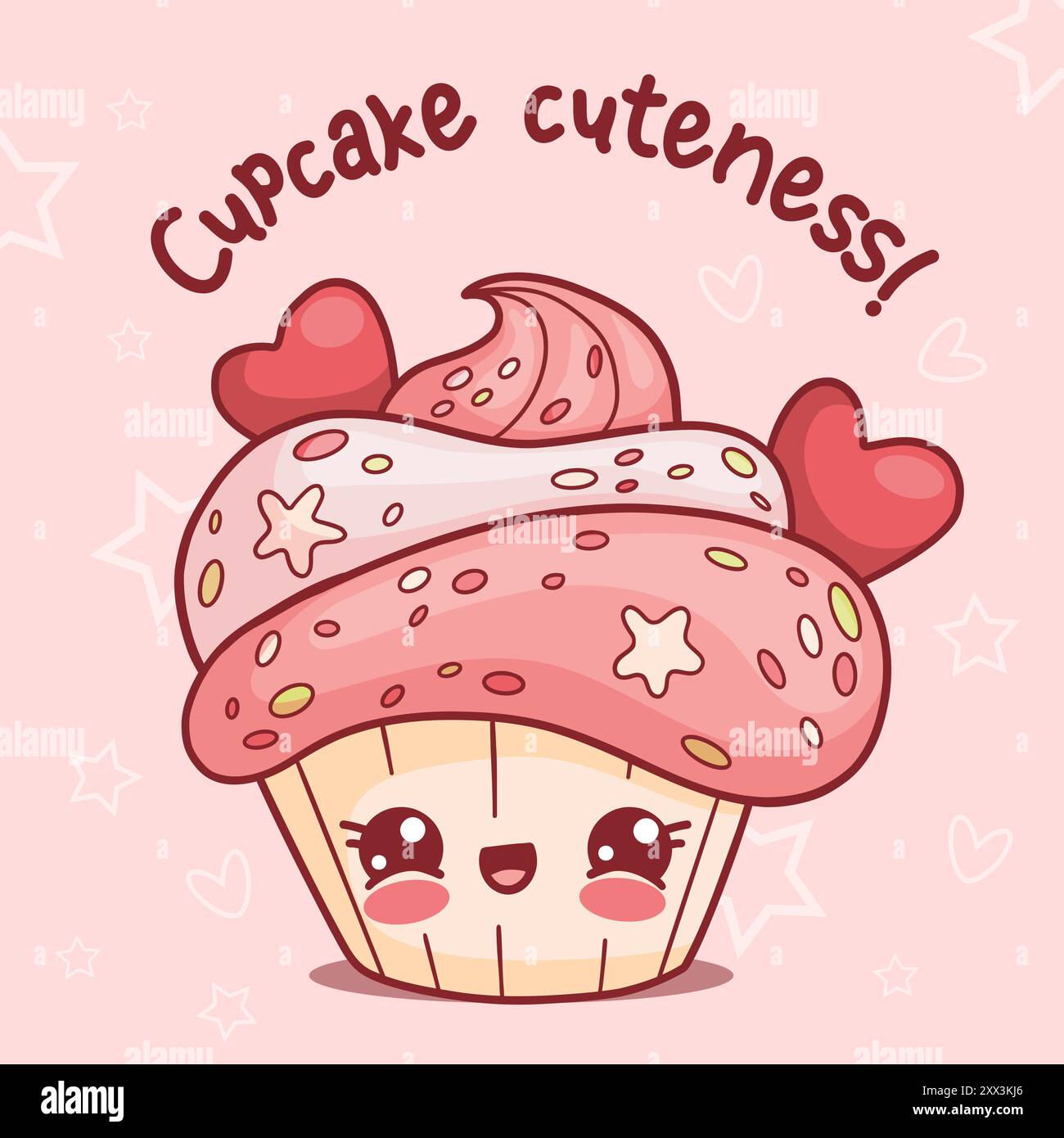 Cute joyful cream cupcake cake with hearts. Card with sweet romantic ...