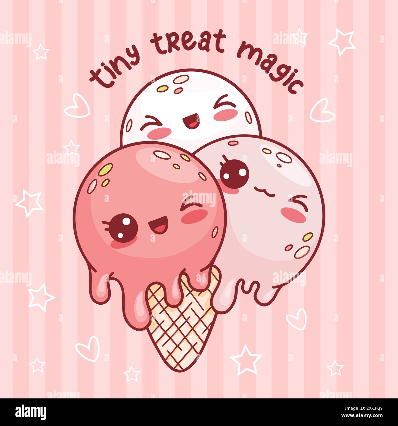 Three balls of multi-colored ice cream cone in waffle cup. Cute sweet ...