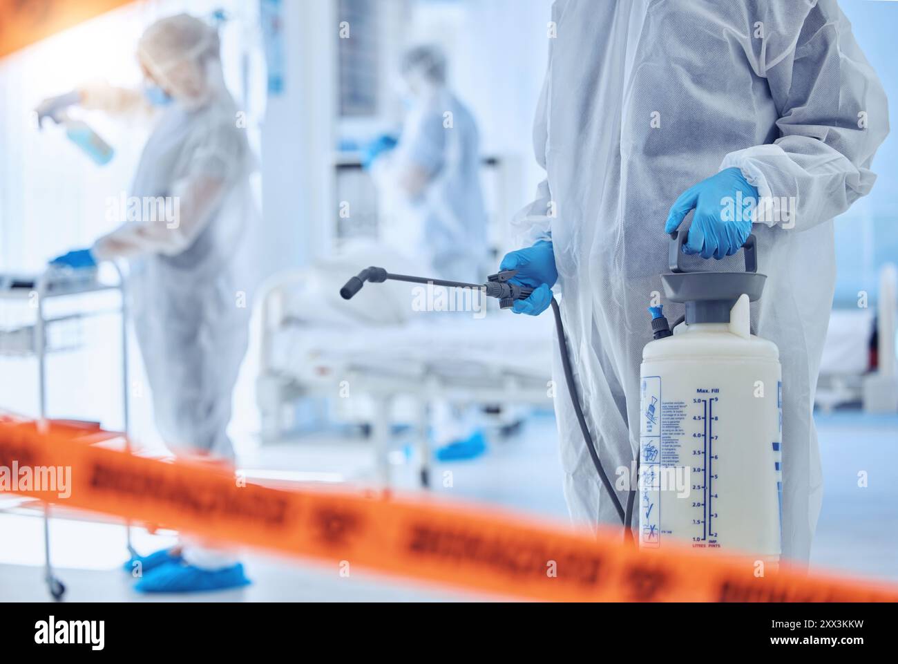 Hospital, biohazard and people cleaning with disinfection for ...