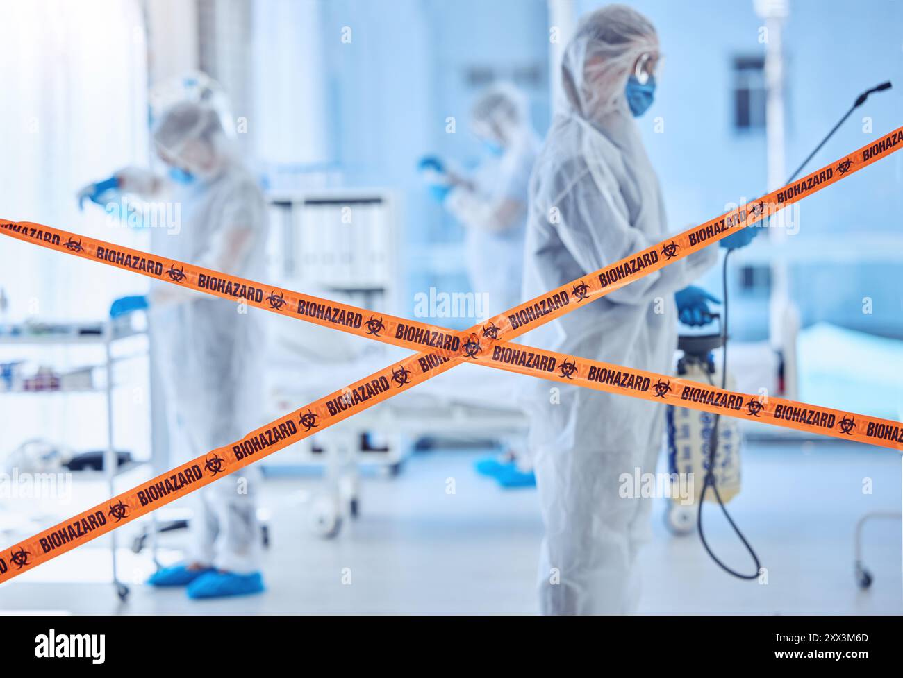 Hospital, biohazard and people cleaning with sanitation for ...