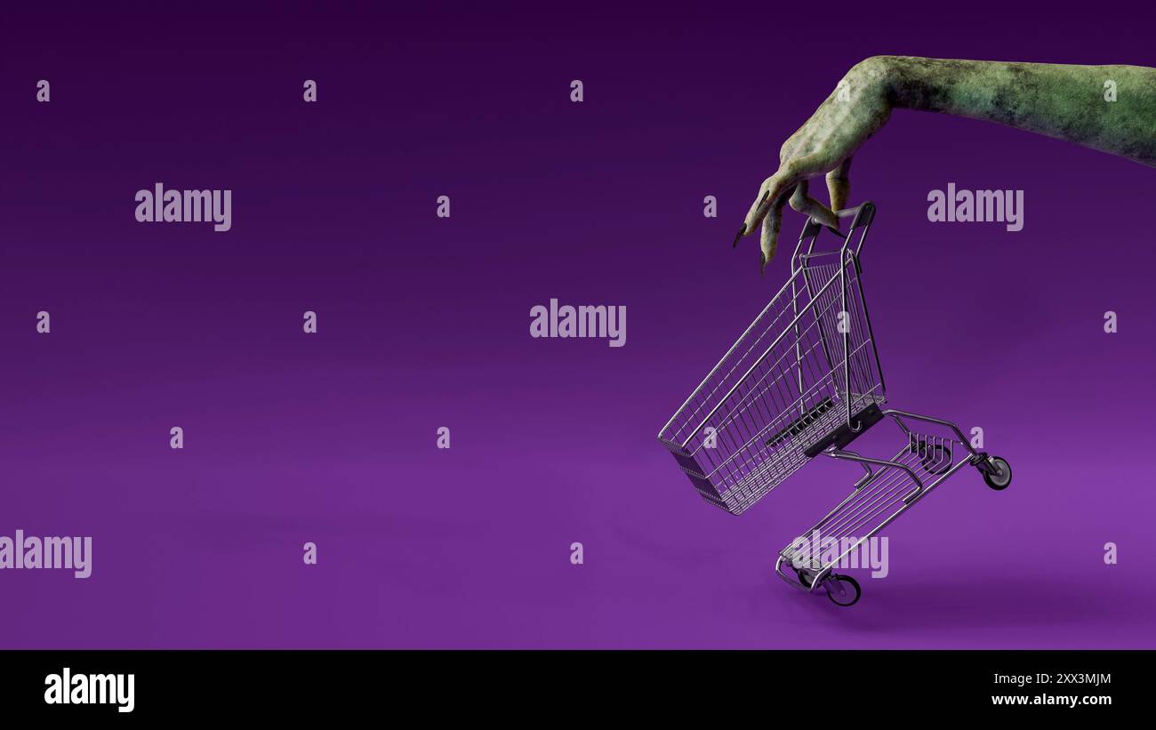 Green zombie hand holding an empty shopping cart on a purple background ...