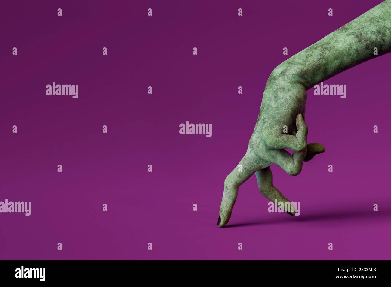 Green zombie hand with long black nails is walking across a purple ...