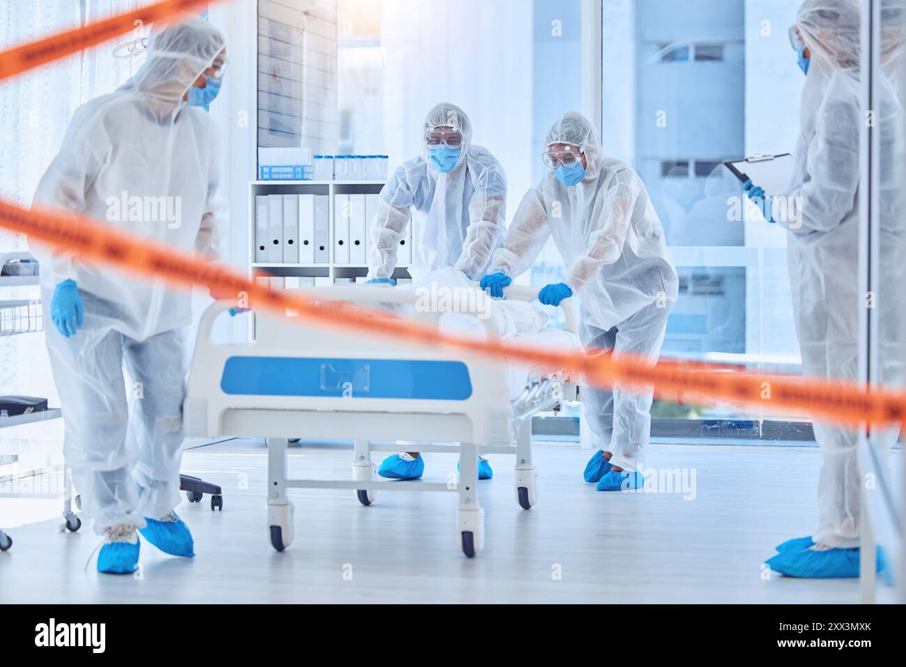 Biohazard, hospital and group with patient, doctor and healthcare for ...