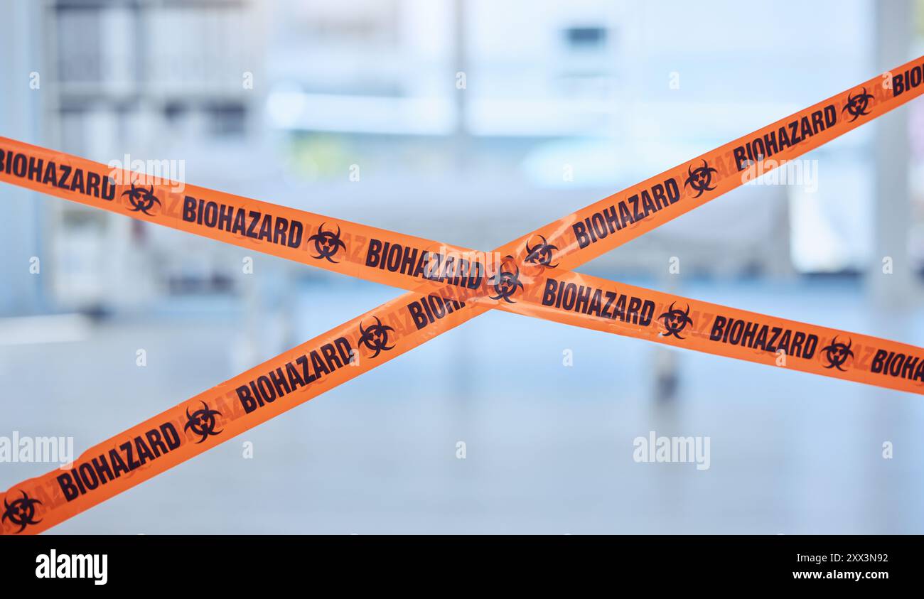 Biohazard, tape and room for investigation with safety, warning and ...