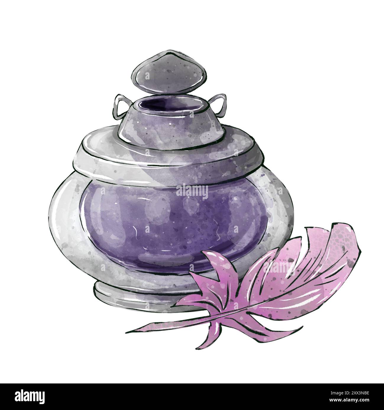 Vintage inkwell and pink feather pen. Watercolor hand drawn ...