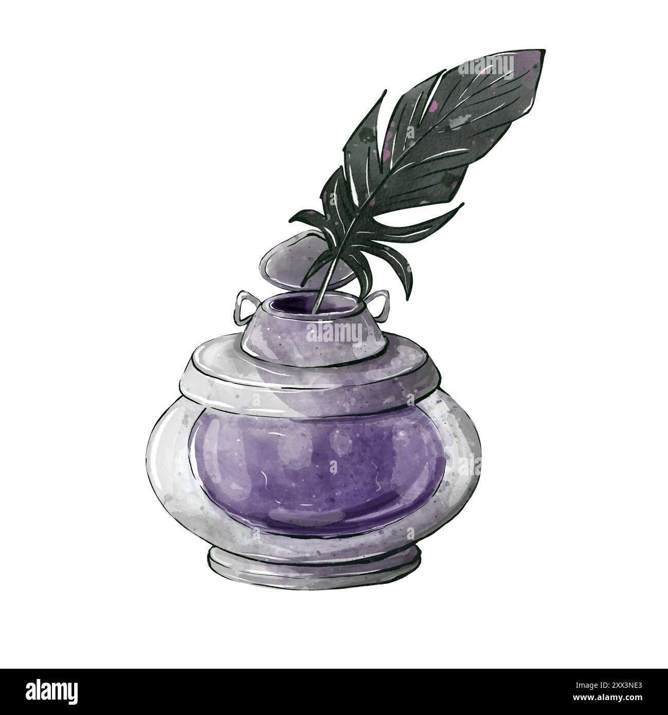 Vintage glass inkwell and black feather pen. Watercolor hand drawn ...