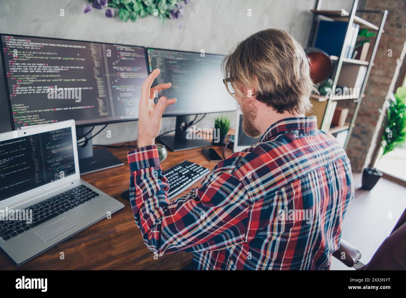 Photo of young stressed programmer man blond hair wearing eyeglasses ...