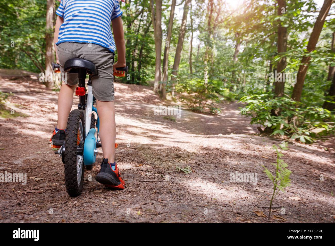 Little kid riding bicycle along a forested pathway view of legs Stock ...