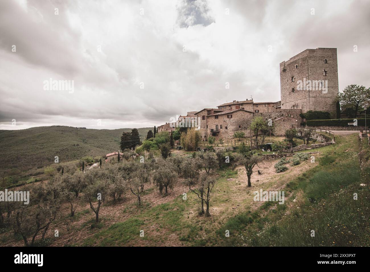 View of an ancient village on the Chianti hills in Tuscany with olive ...
