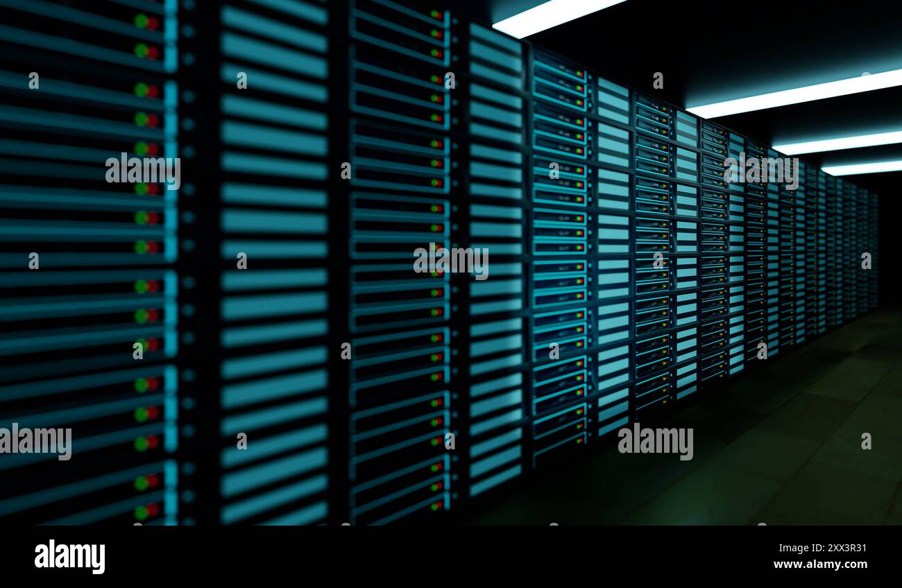 View into a server room. View into a server room. Computers are lined ...