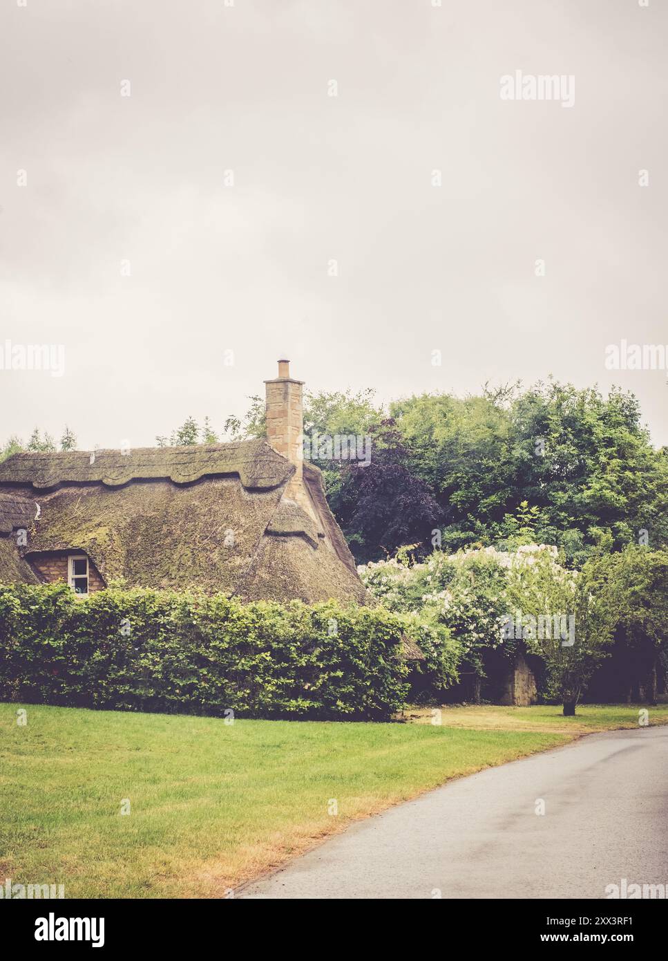 Thatched cottage down a piece of road in The Cotswolds Stock Photo - Alamy