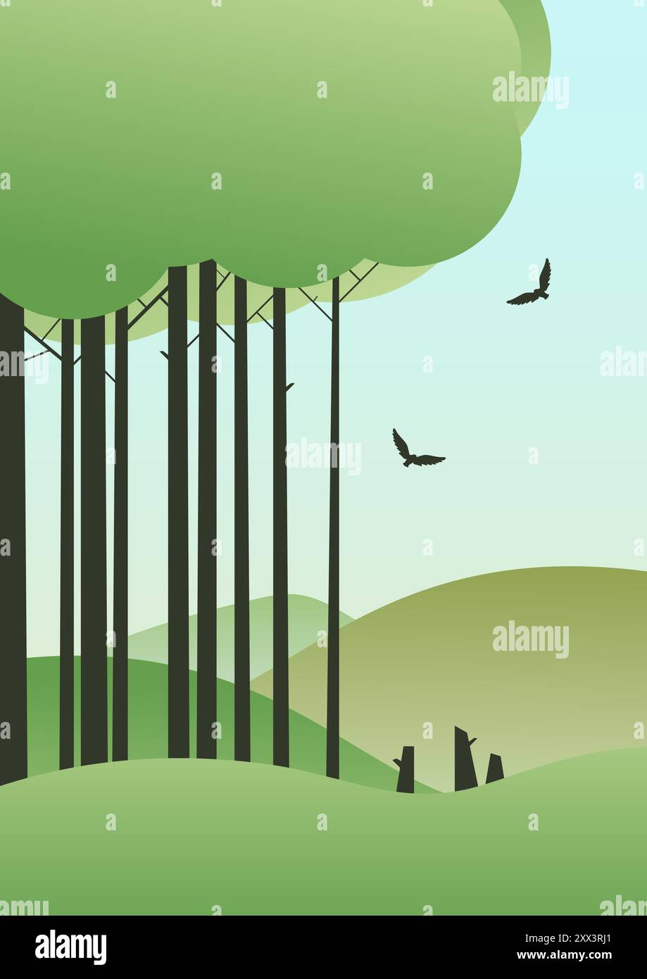 Forest Landscape, green trees park, foliage in summer. Row of trees and ...