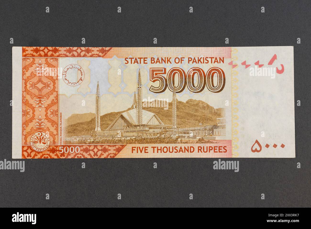 Pakistani 5000 Rupees Brown Color Banknote Back Feathering Faisal ...